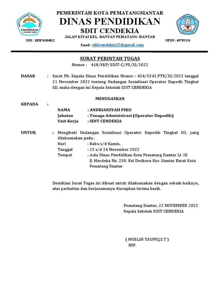 Contoh Surat Tugas Operator Tingkat Sd Pdf