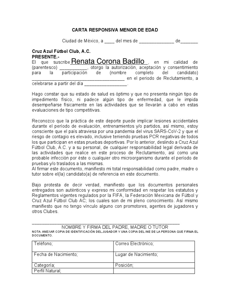 Carta Responsiva Reclutamiento Cafc Menor de Edad | PDF