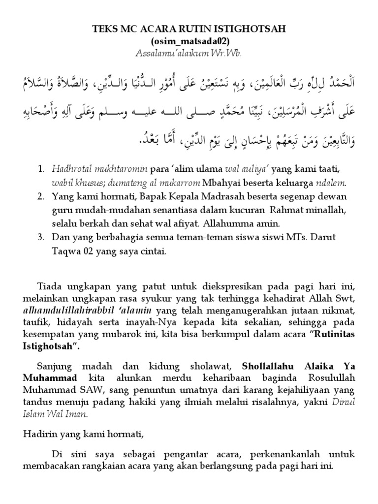 Teks MC Istighotsah (MTS) - Pil 2 | PDF