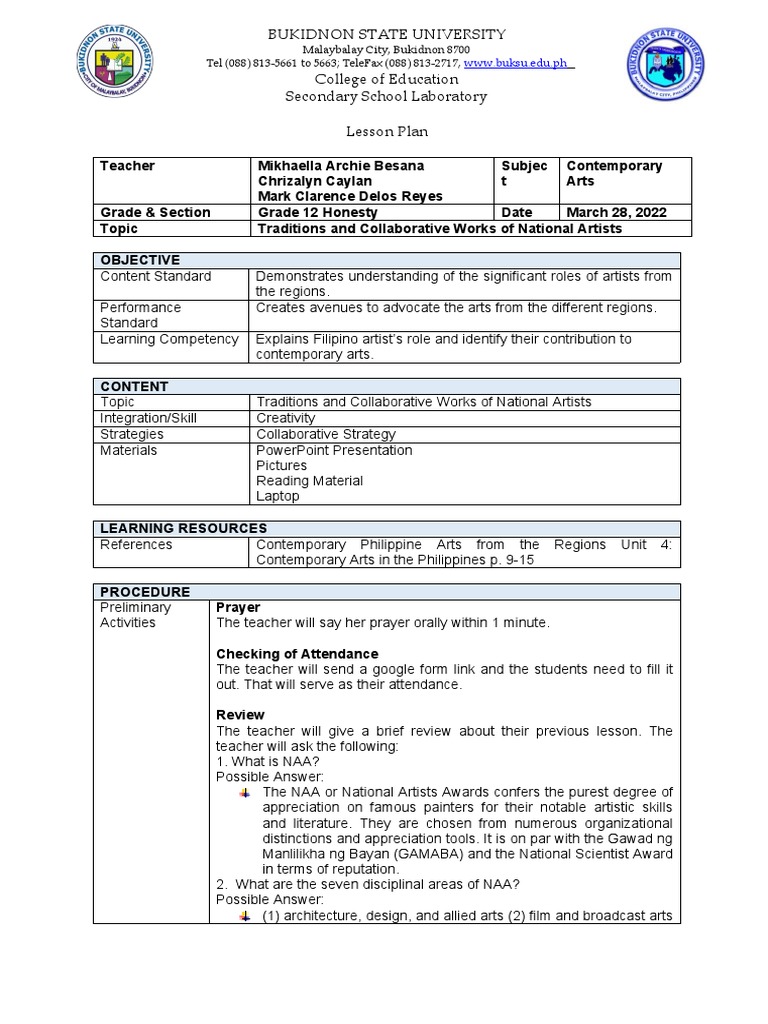 Collaborative Works of National Artists | PDF | Teachers | Lesson Plan