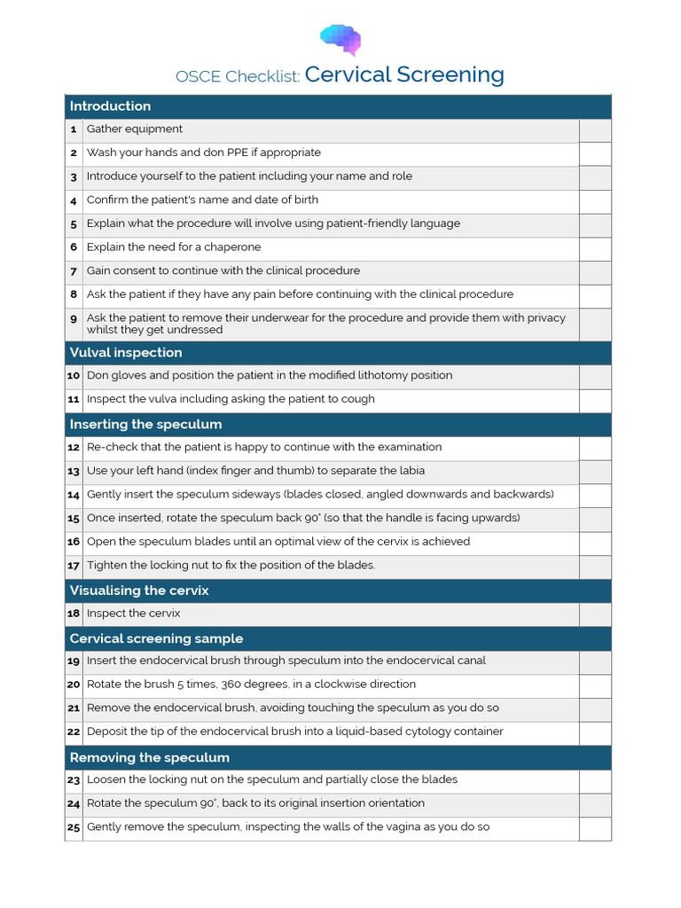 OSCE Checklist Cervical Screening Smear | PDF | Women's Health | Sexual ...