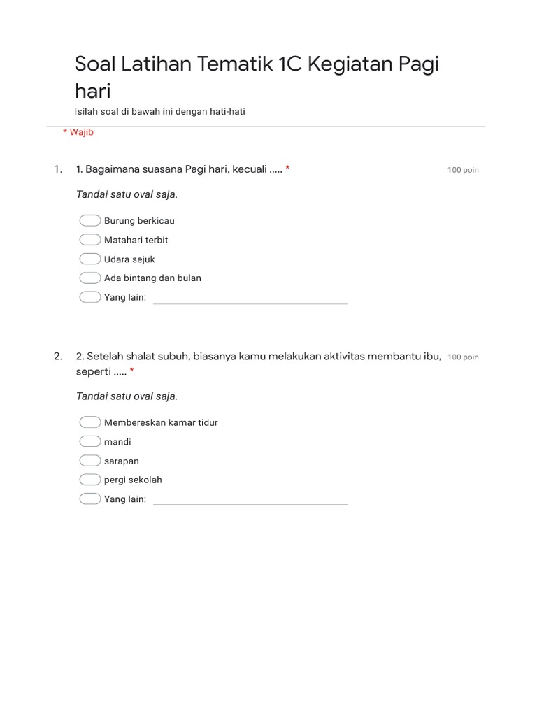 Soal Latihan Tematik 1C Kegiatan Pagi Hari - Google Formulir | PDF
