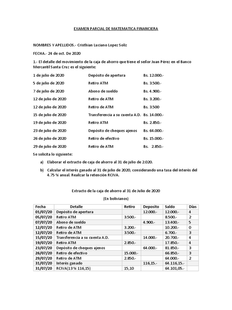 Examen Parcial de Matematica Financiera111 | PDF | Interés | Finanzas y administración del dinero
