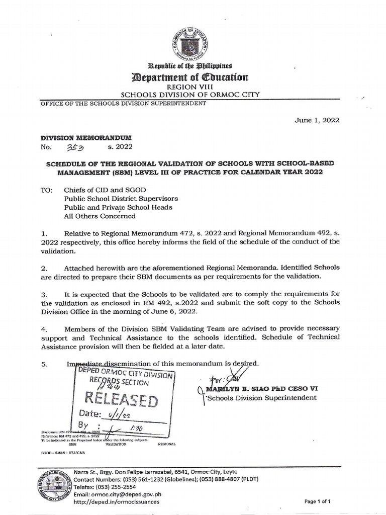 Division Memorandum No353 - Ormoc Services | PDF
