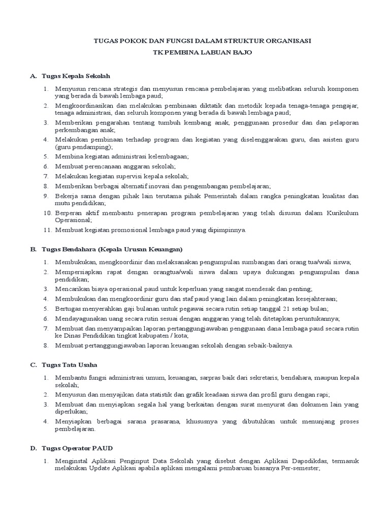 TUPOKSI Dalam Struktur Organisasi PAUD | PDF