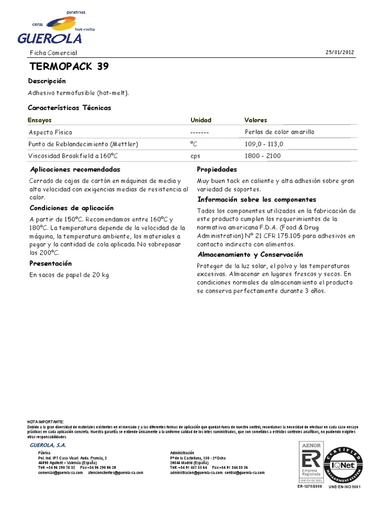 Ficha Técnica TERMOPACK 39 | PDF | Materiales | Ciencias fisicas