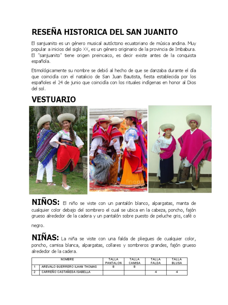Historia y vestuario del sanjuanito | PDF