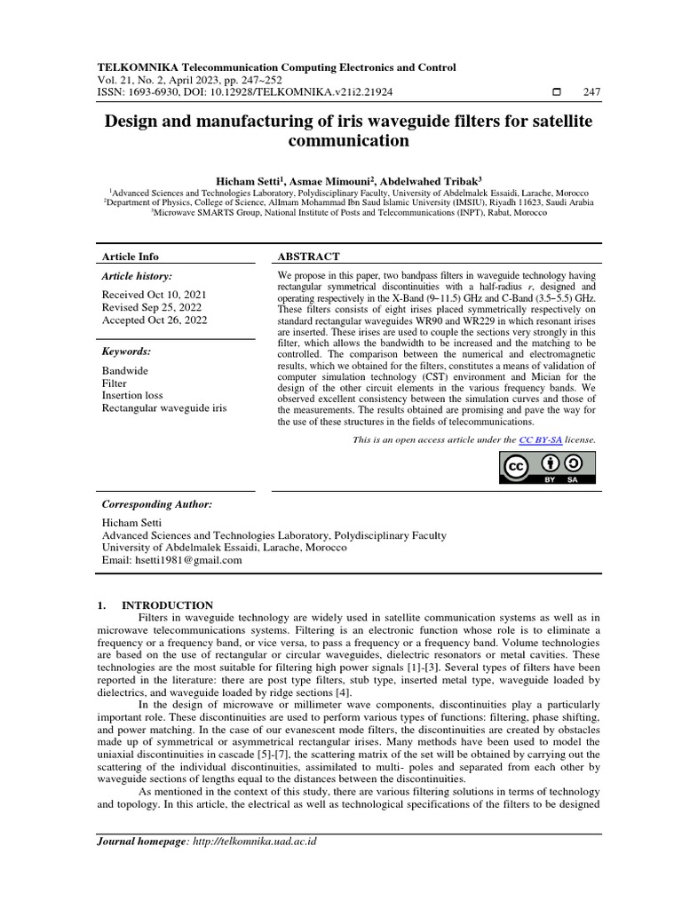 Design and Manufacturing of Iris Waveguide Filters For Satellite ...
