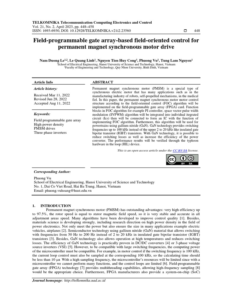 Field Programmable Gate Array Based Field Oriented Control For Permanent Magnet Synchronous 