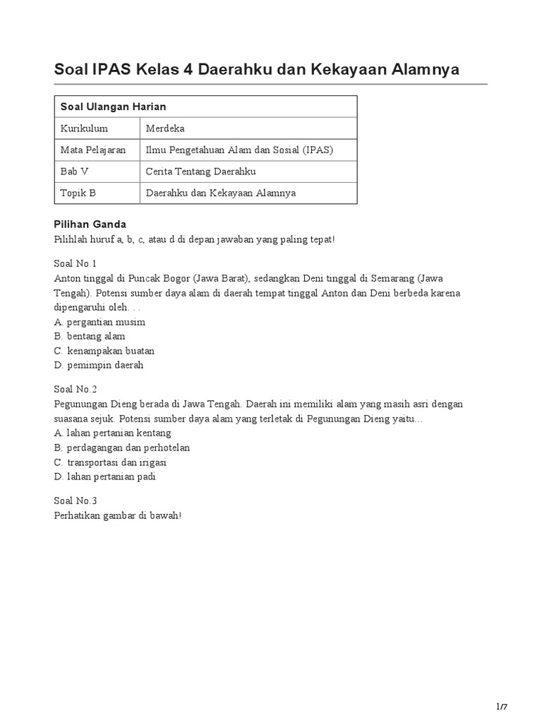 Soal IPAS Kelas 4 Daerahku Dan Kekayaan Alamnya | PDF