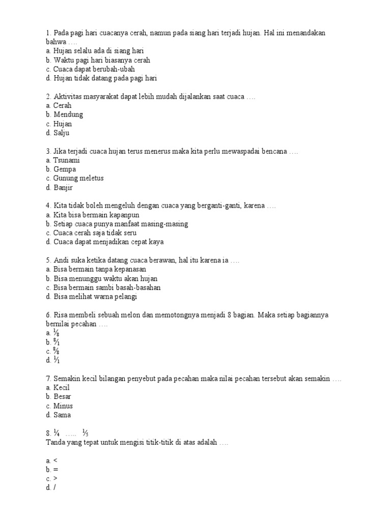 Soal Latihan Cuaca dan Pecahan | PDF | Griya & Taman