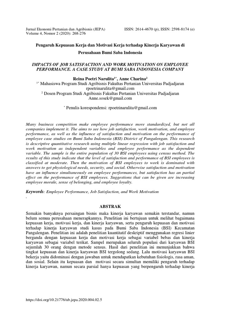 Pengaruh Kepuasan Kerja Dan Motivasi Kerja Terhadap Kinerja Karyawan | PDF | Job Satisfaction ...