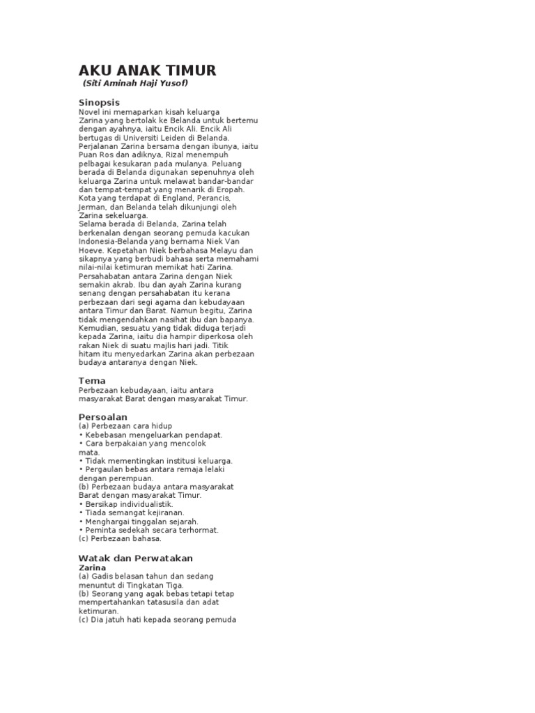 Aku Anak Timur - Analisis Novel Tingkatan Satu | PDF