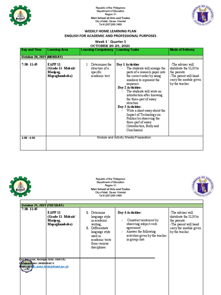 Home Learning PLan - EAPP AND READING AND WRITING | PDF | Teachers | Cognitive Science