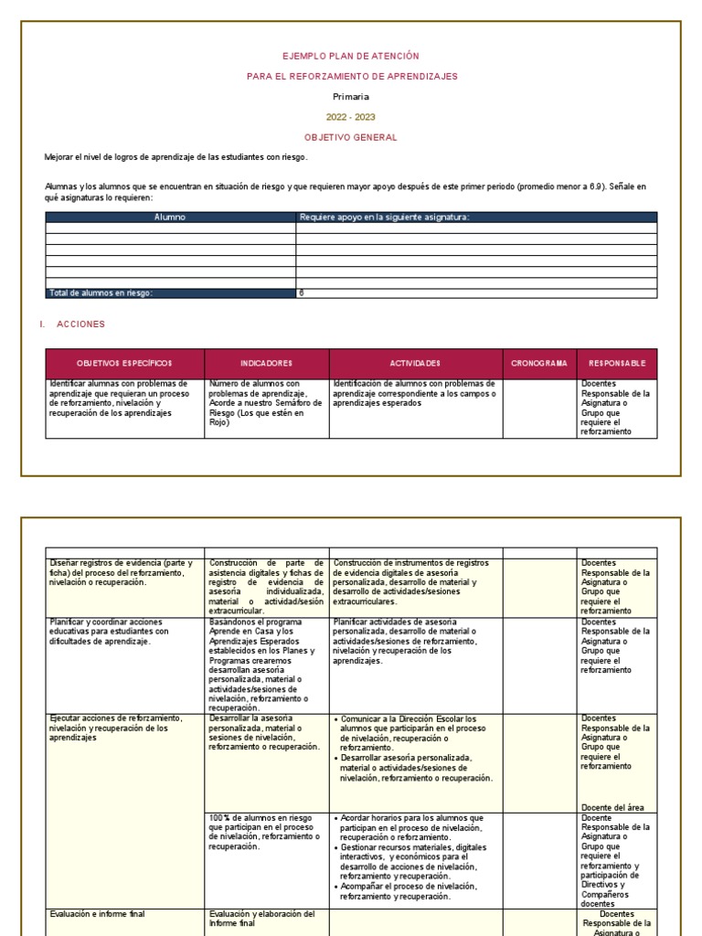 Plan de Atenci N para El Reforzamiento de Aprendizajes | PDF | Enseñando | Aprendizaje