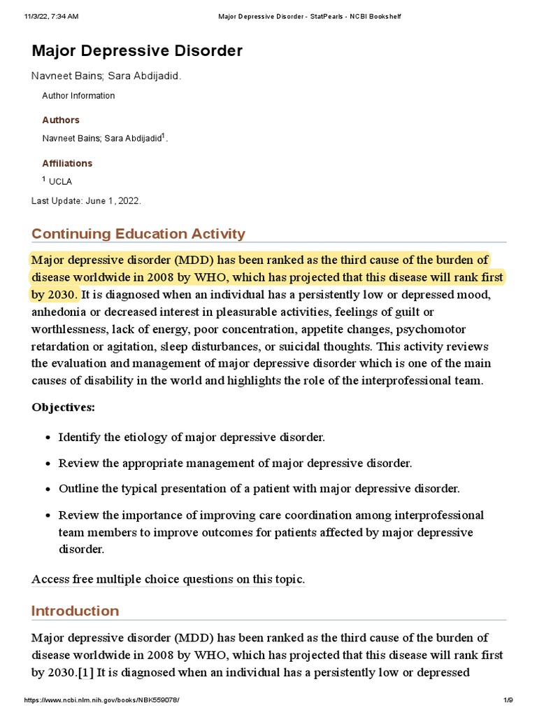 Major Depressive Disorder: Continuing Education Activity | PDF | Major ...