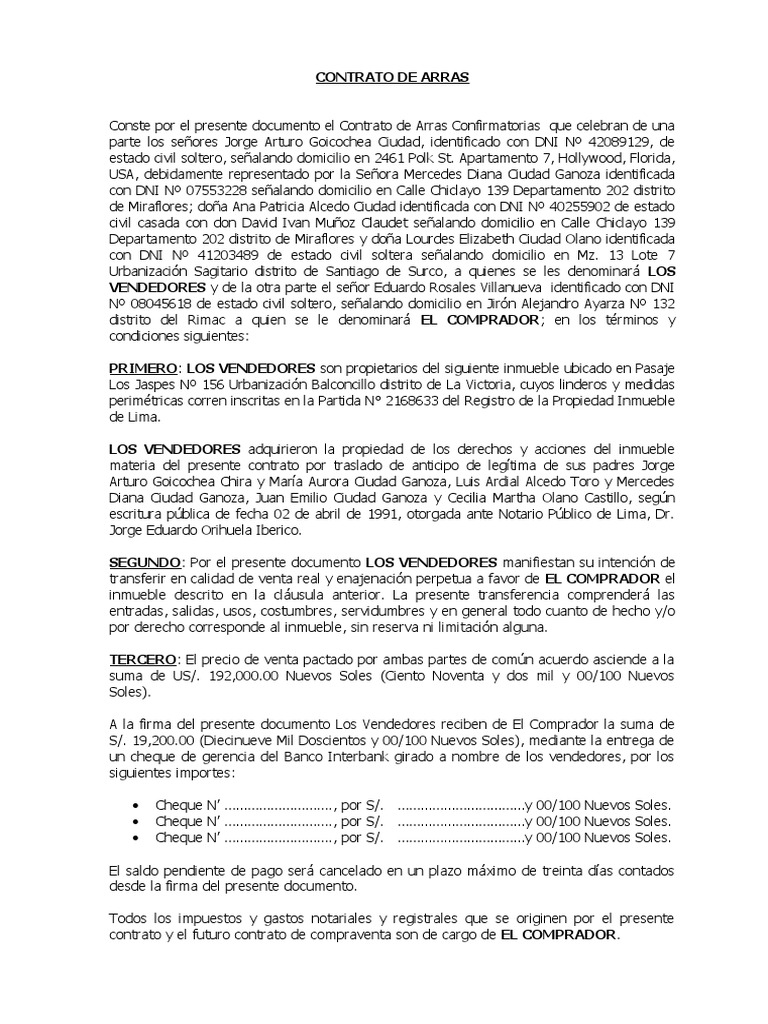 Contrato de Arras Confirmatorias | PDF | Derecho contractual | Ley de obligaciones