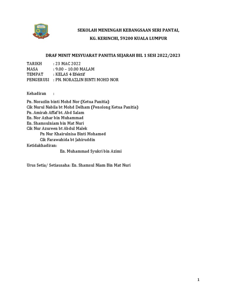 Draf Minit 1 2022 | PDF