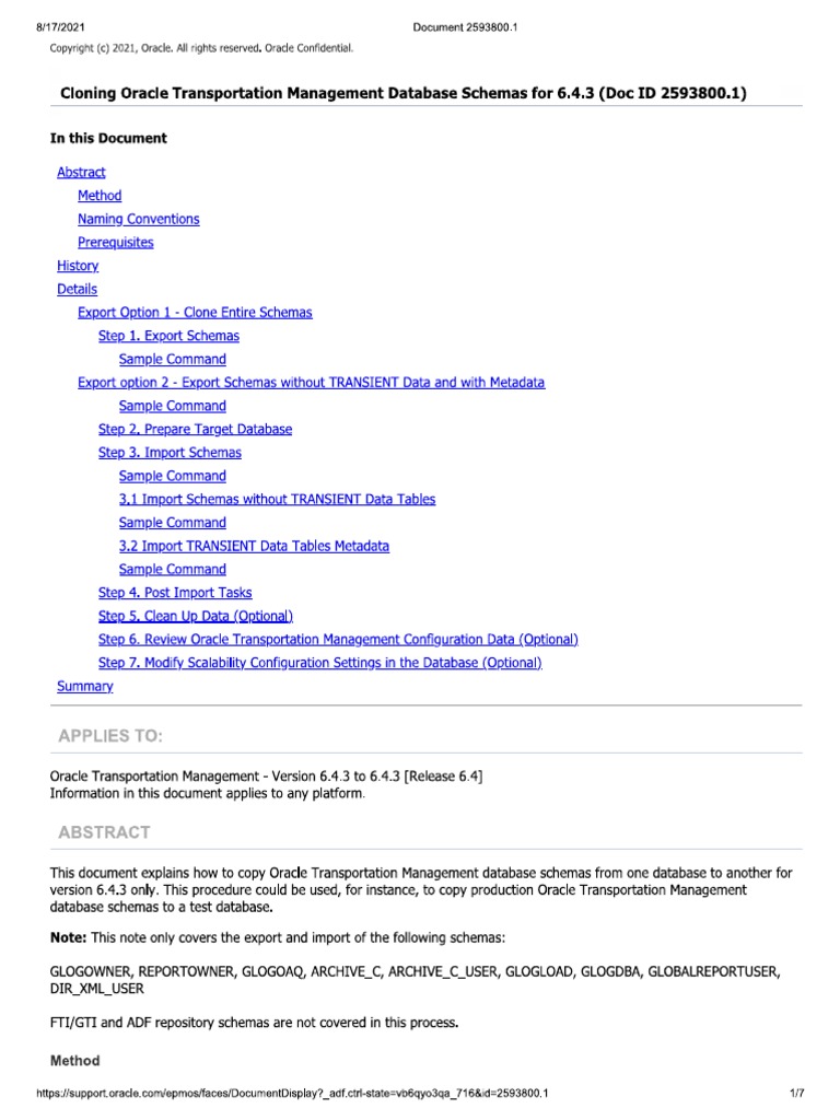 Cloning Oracle Transportation Management Database Schemas For 6 4 3 Pdf