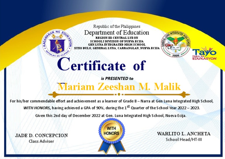 Certificates For With Honor | PDF