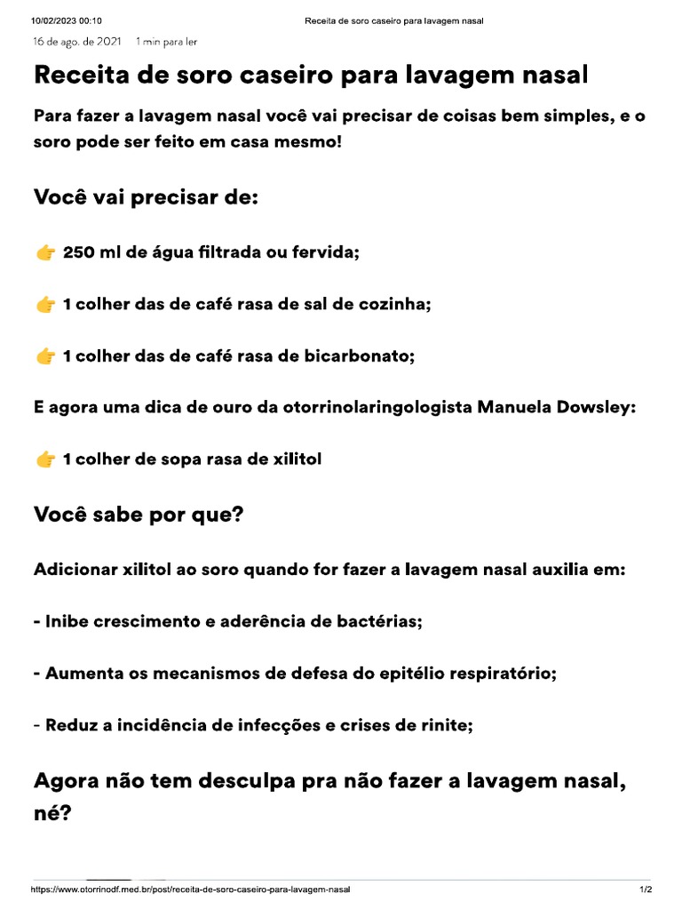 Receita de Soro Caseiro para Lavagem Nasal | PDF Receita de Soro Caseiro para Lavagem Nasal | PDF