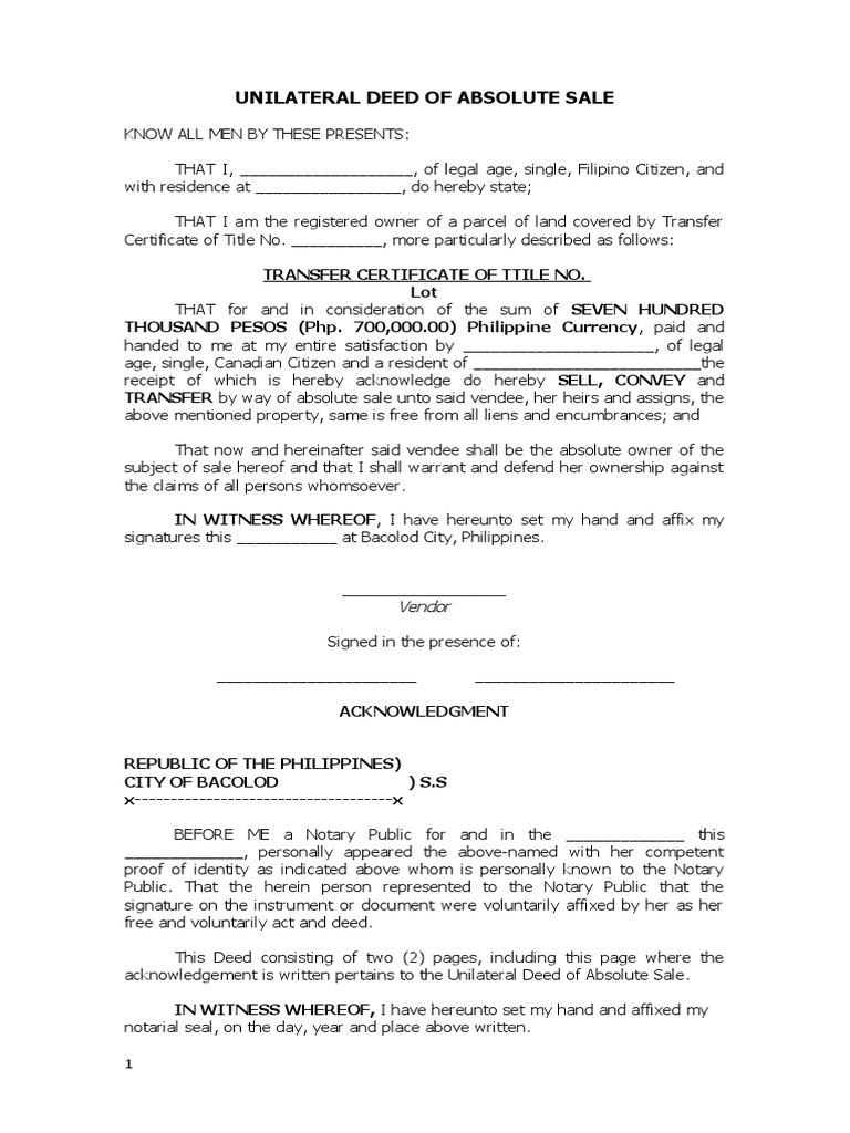 Unilateral Deed of Absolute Sale | PDF