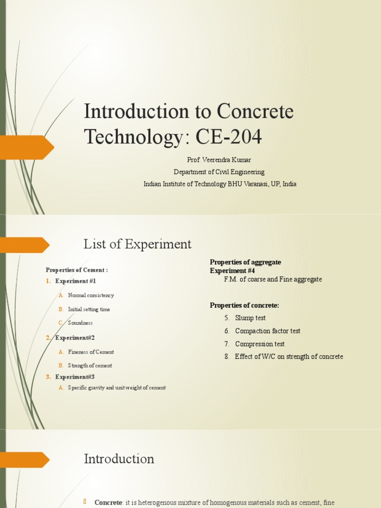 Introduction To Concrete Technology | PDF | Concrete | Cement