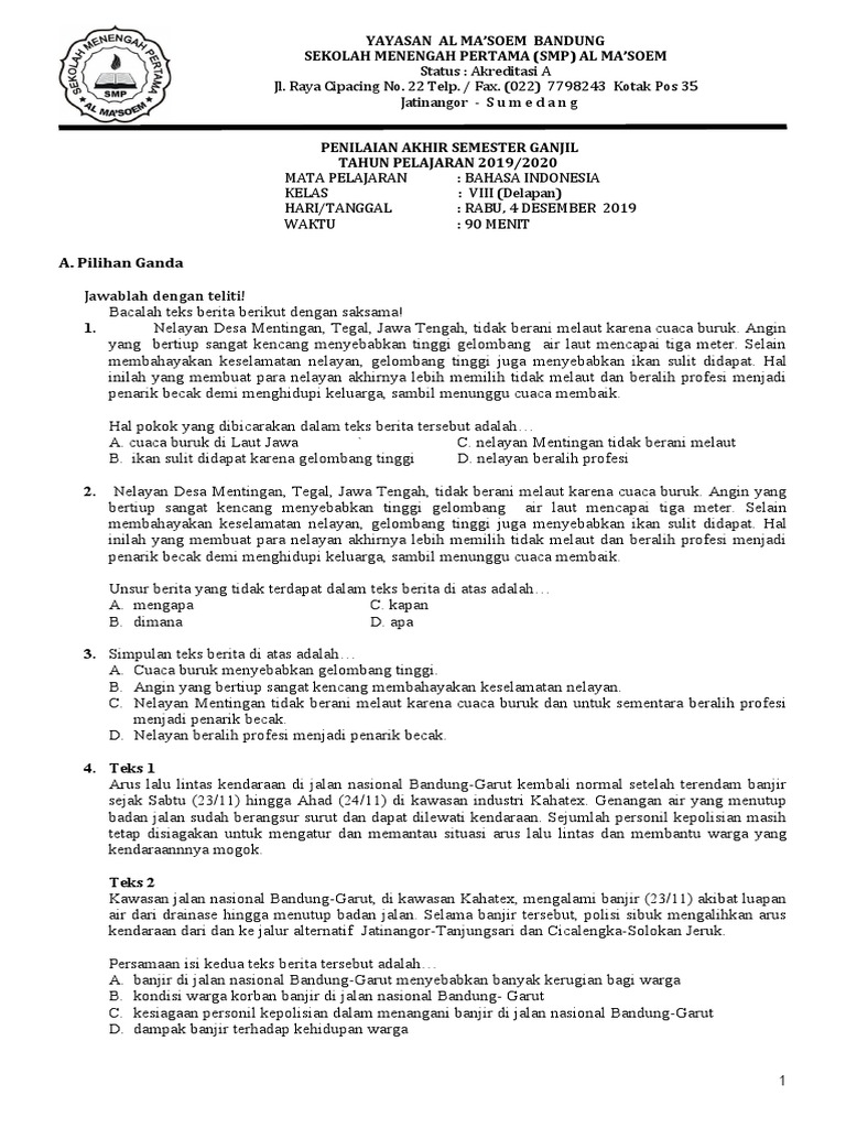 Soal Pas Ganjil Viii 2019-2020 | PDF