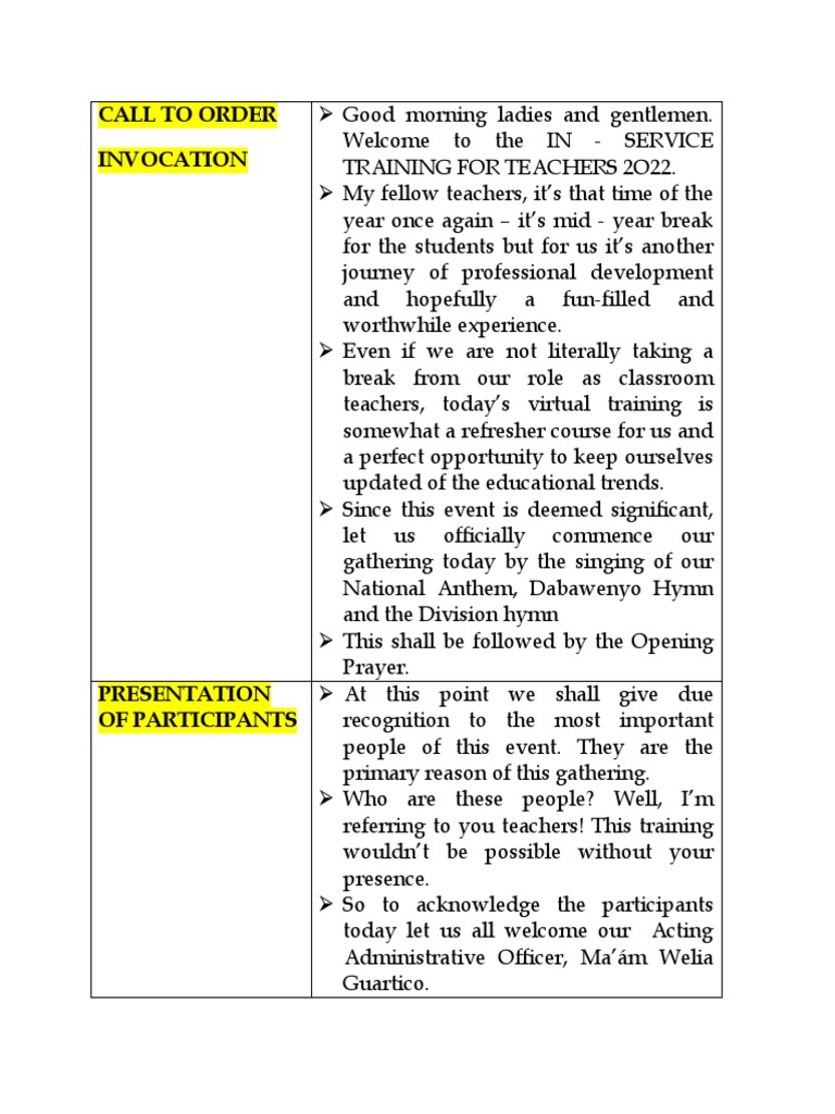 Emcee Script INSET 2O22 | PDF | Self-Improvement