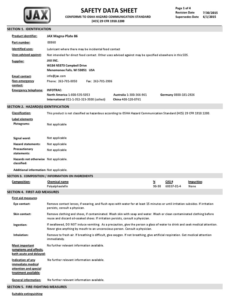 JAX Magna-Plate 86 Safety Data Sheet | PDF | Dangerous Goods | Firefighting