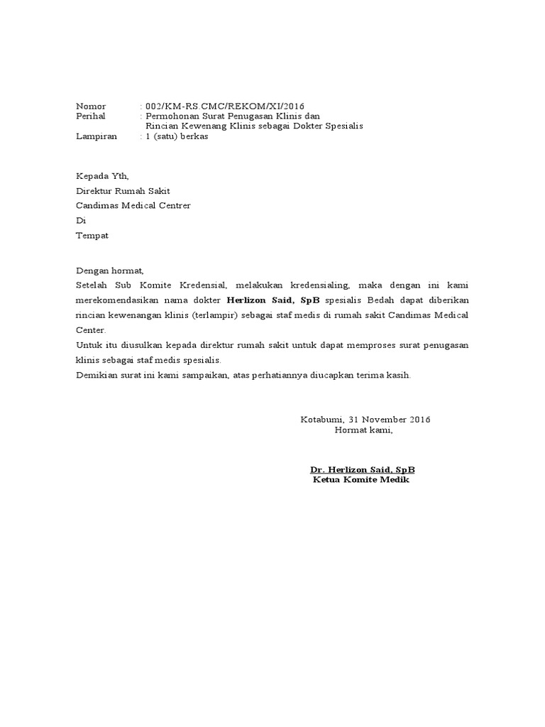 Permohonan Surat Penugasan KLinis Dr. Herlizon Said, SPB | PDF