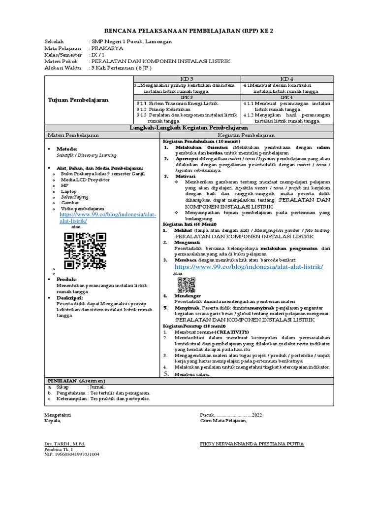 RPP 2 PERALATAN DAN KOMPONEN INSTALASI LISTRIK Kelas 9 SEM 1 FIKKRY | PDF