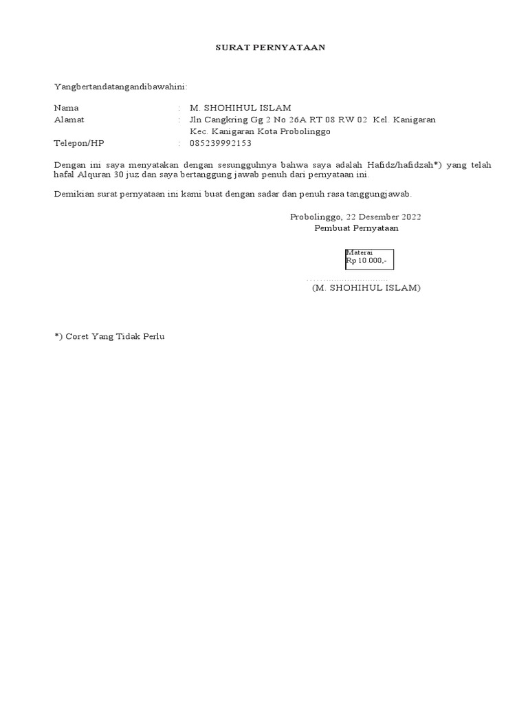 Surat Pernyataan Hafal Alquran 30 Juz | PDF