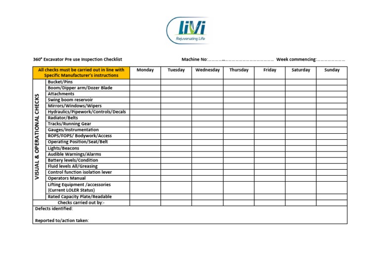 Excavator Pre-Use Inspection Checklist | PDF