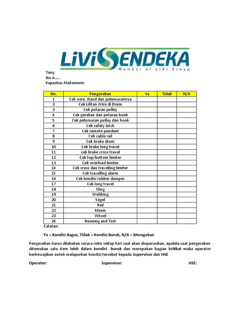 Gantry and Overhead Crane Daily Checklist | PDF Gantry and Overhead Crane Daily Checklist | PDF