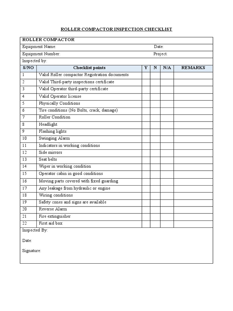Roller Compactor Inspection Checklist | PDF | Wheeled Vehicles | Car