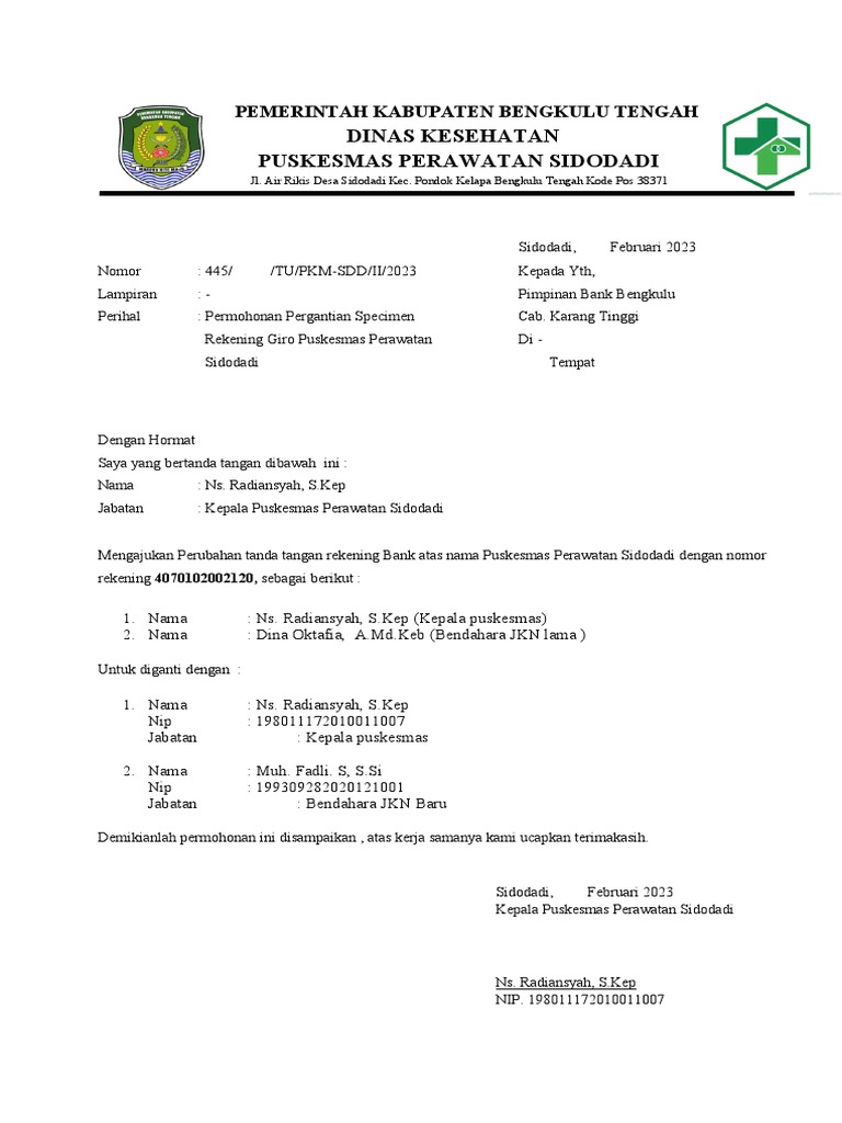 Surat Permohonan Pergantian Spesimen | PDF