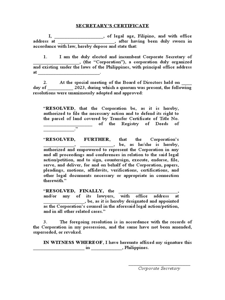 Secretary's Certificate | PDF | Affidavit | Legal Documents