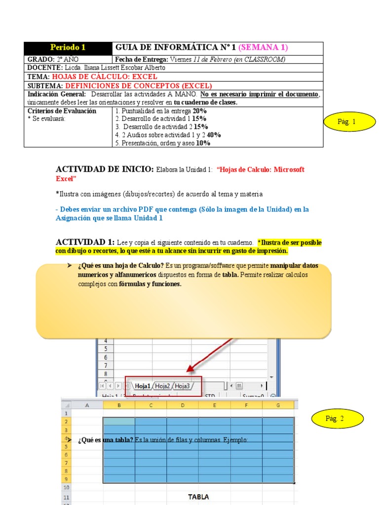GUIA 1 Informática 2º AÑO 1º Periodo | PDF | Microsoft Excel | Hoja de cálculo