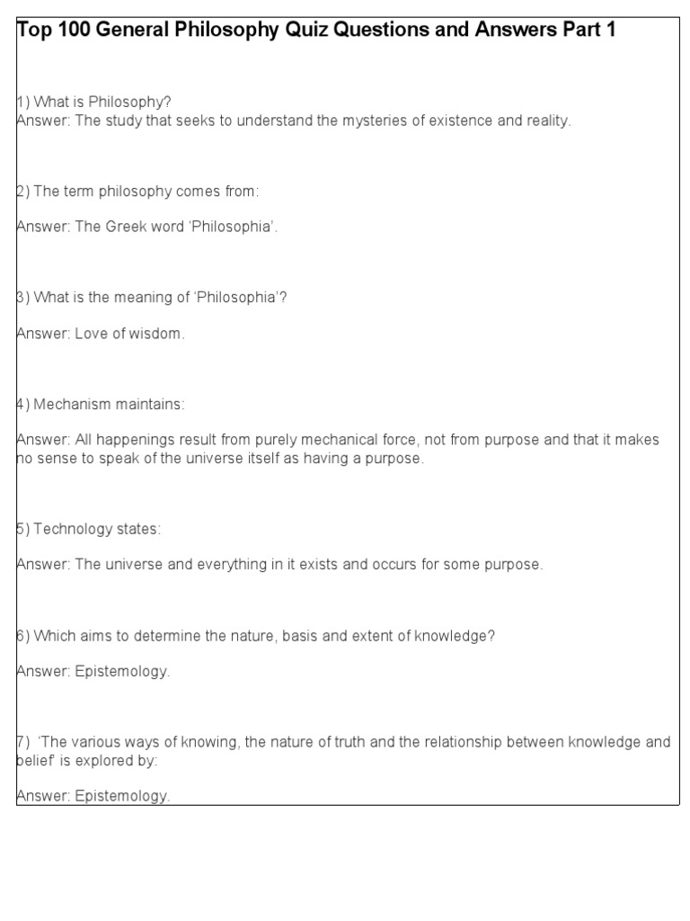 Top 100 General Philosophy Quiz Questions and Answers Part 1 | PDF ...