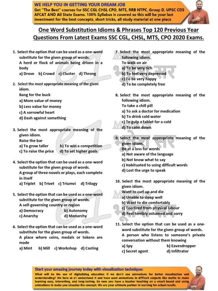 One Word Substitution Idioms & Phrases Top 120 Previous Year Questions | PDF