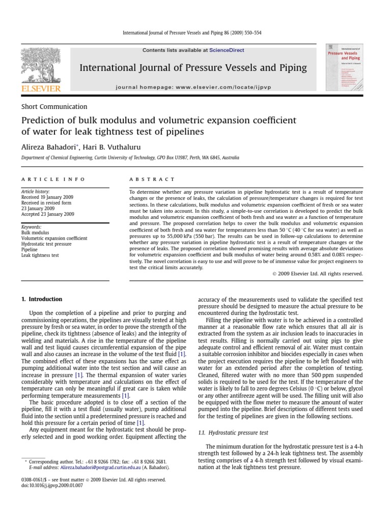 Bahador, A. Prediction of Bulk Modulus and Volumetric Expansion Coefficient of Water For Leat ...