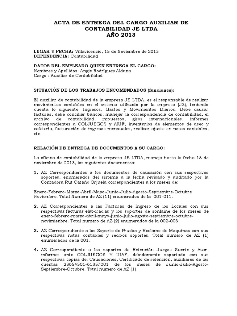 Acta de Entrega de Cargo Aux de Contabilidad | PDF | Contabilidad | Contador