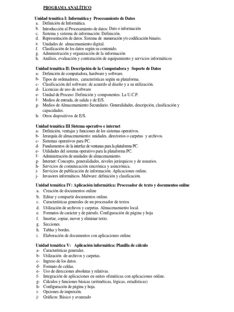 Programa Analítico Informatica 2021 | PDF | Software de la aplicacion | Informática