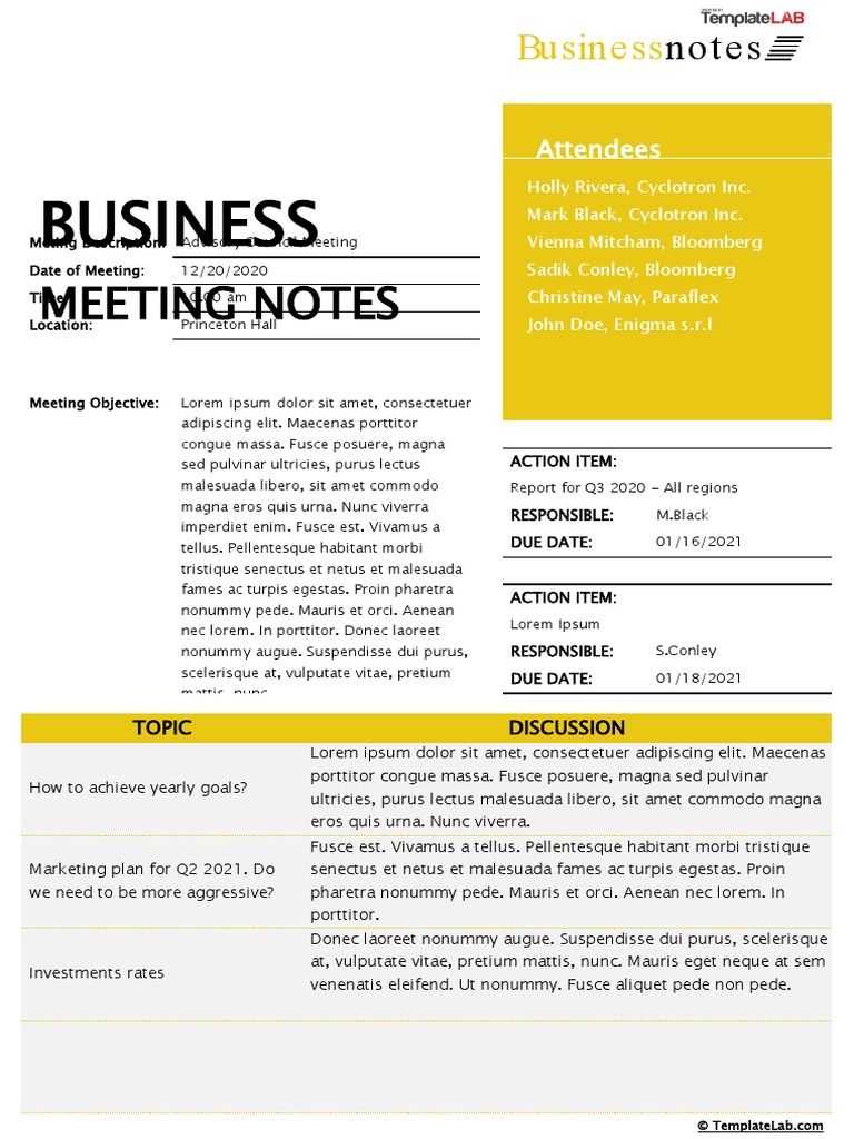 Business Meeting Notes Template | PDF