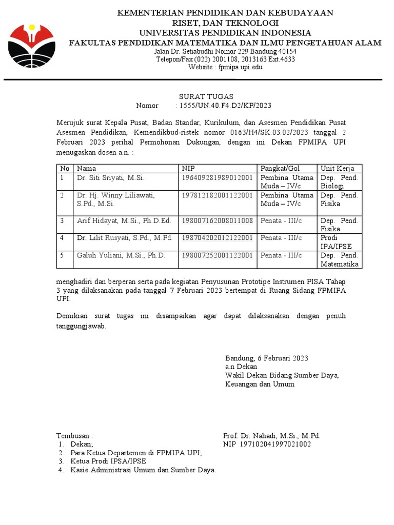 Surat Izin 5 Dosen 7 Feb 23 Di FPMIPA UPI | PDF