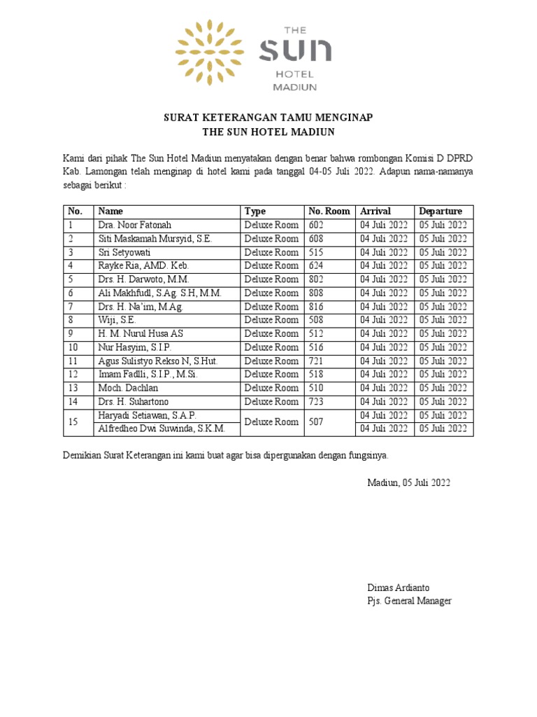 Surat Keterangan Tamu Menginap | PDF