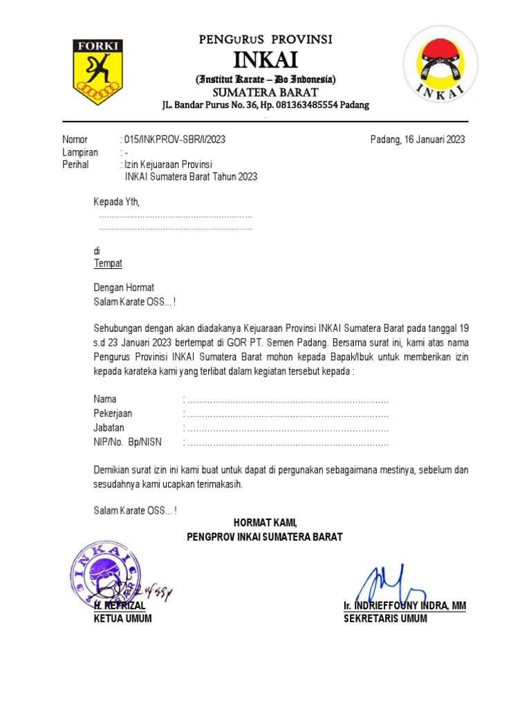 Izin Kejurprov Inkai Sumbar 2023 | PDF