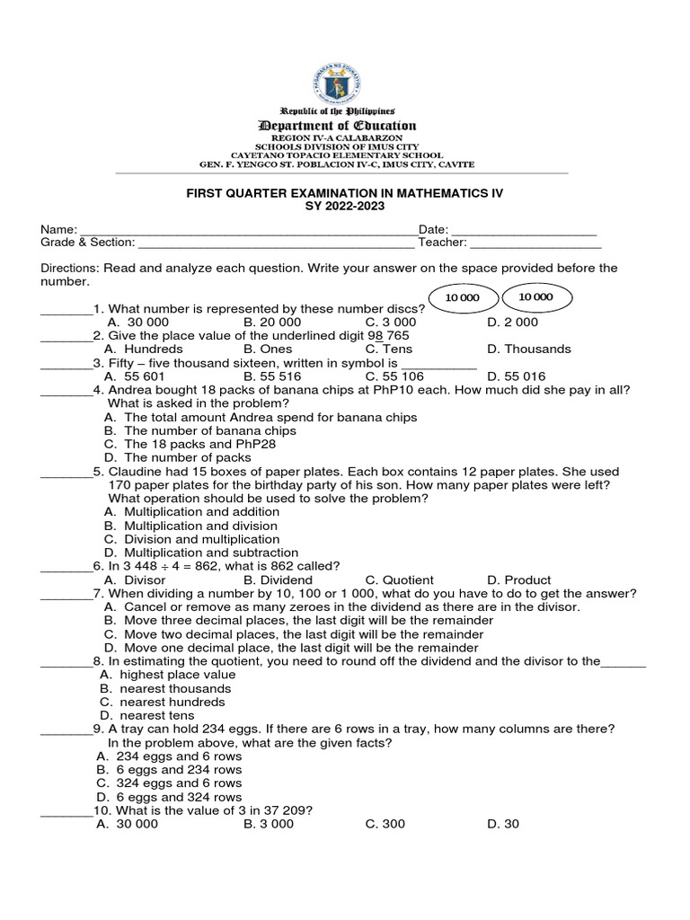 First-Quarter-Examination - Mathematics4 - Untalan-SY-2022-2023 ...