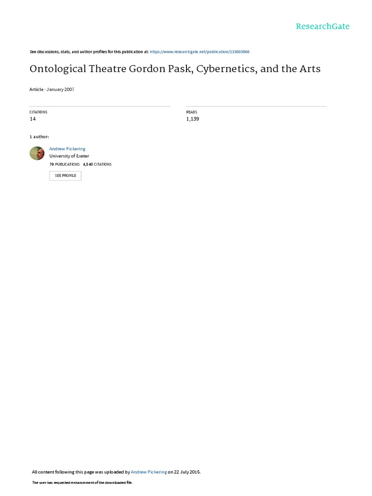 Ontological Theatre Gordon Pask, Cybernetics, and The Arts | PDF ...